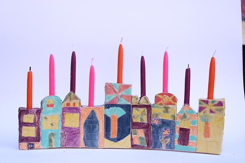 Hand-built Ceramic City Menorah - Art with a Heart